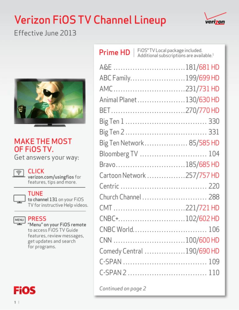 Verizon FiOS TV Channel Lineup Verizon FiOS TV Channel Lineup
