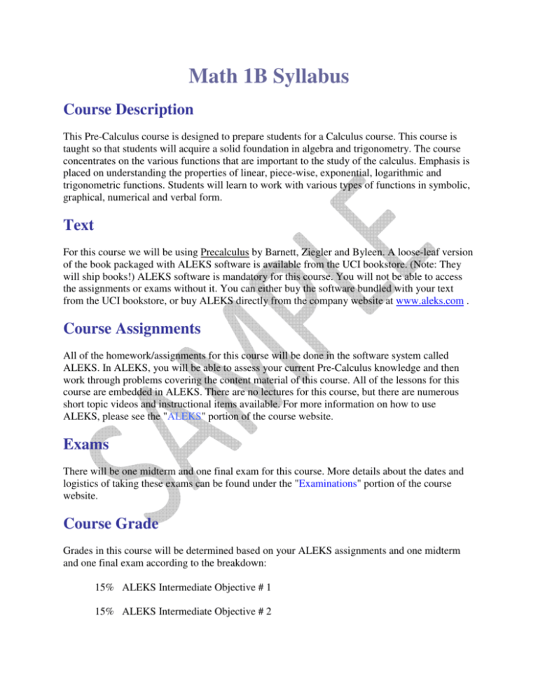 Math 1B Syllabus Course Description Math 1B Syllabus Course Description
