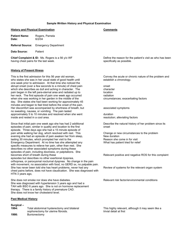 Sample Written History And Physical Examination History And
