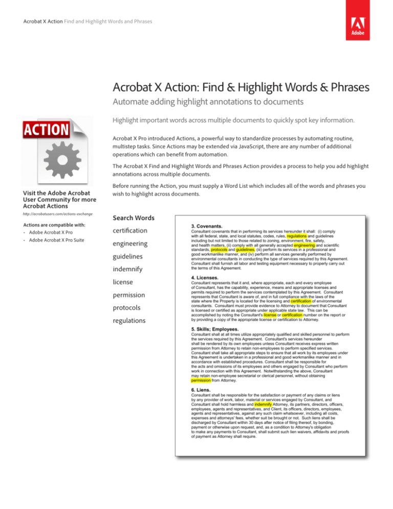 Acrobat X Action Find Highlight Words Phrases