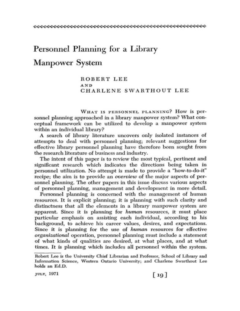 Personnel Planning For A Library Manpower System Personnel Planning For A Library Manpower System