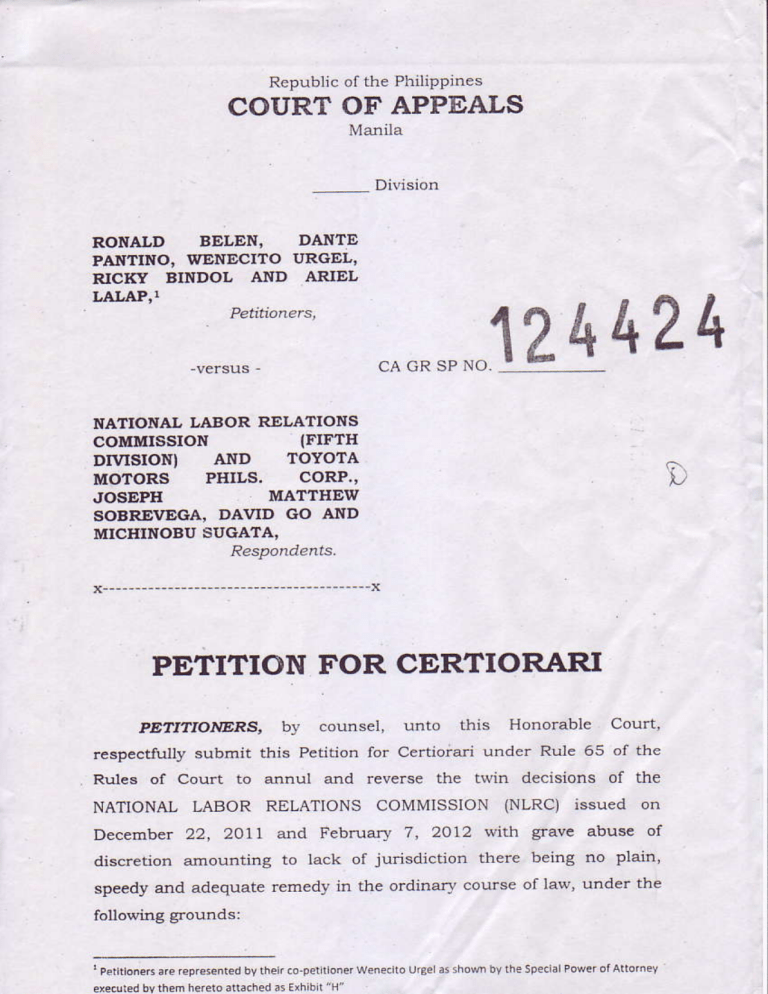 Petition For Certiorari Petition For Certiorari