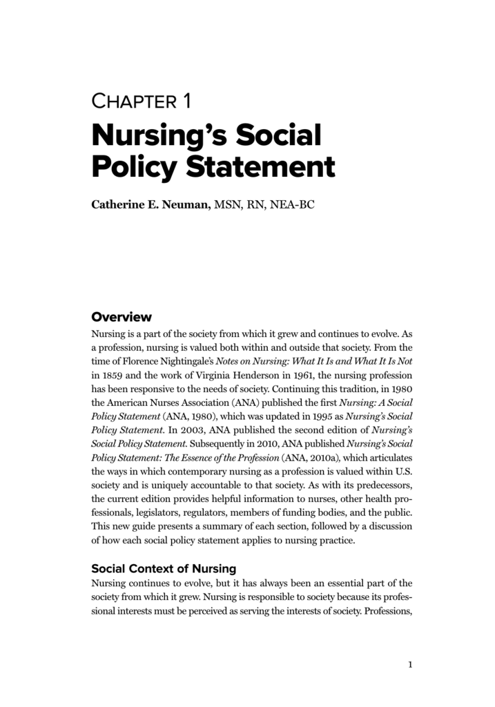 CHAPTER 1 Nursing s Social Policy Statement