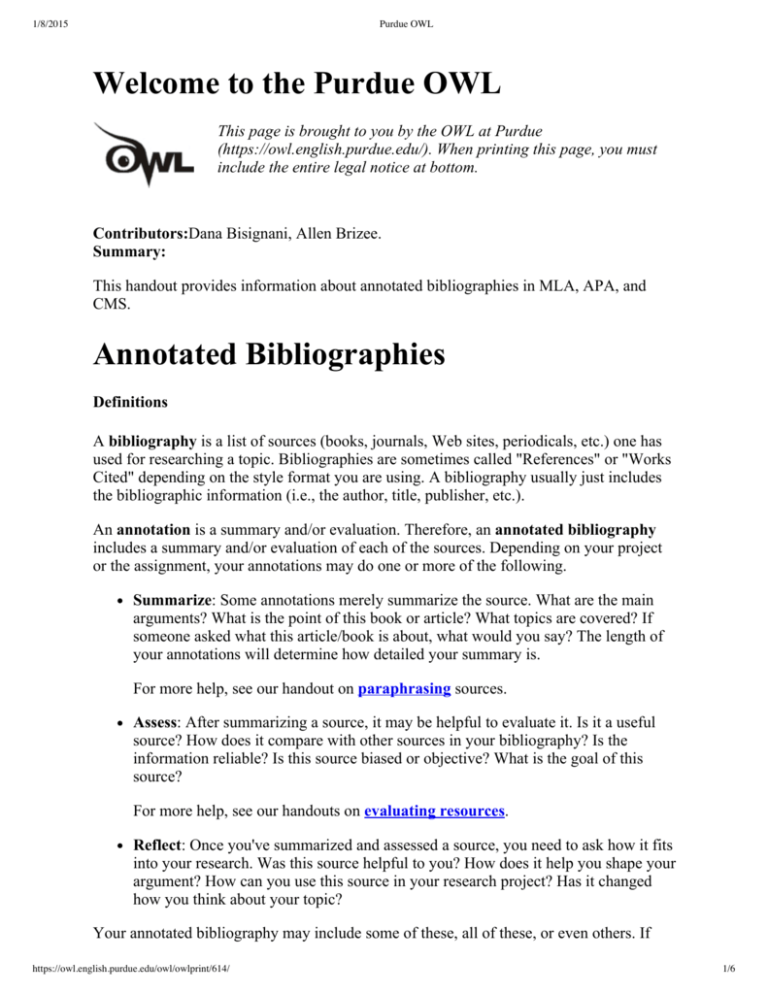 Welcome To The Purdue OWL Annotated Bibliographies