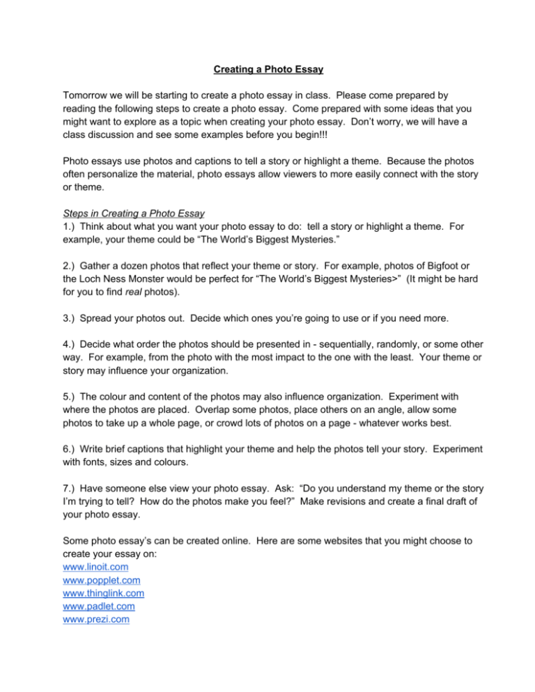 Photo Essay Guide Rubric Photo Essay Guide Rubric