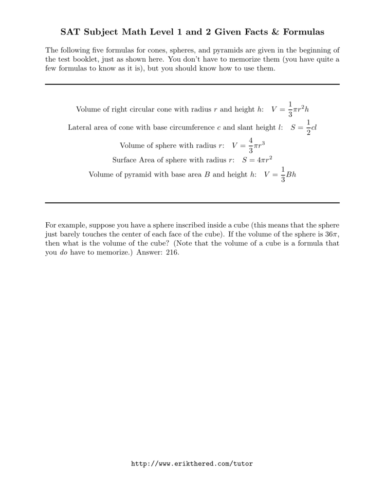 SAT Subject Math Level 1 And 2 Given Facts Formulas