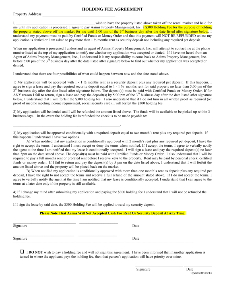 HOLDING FEE AGREEMENT HOLDING FEE AGREEMENT