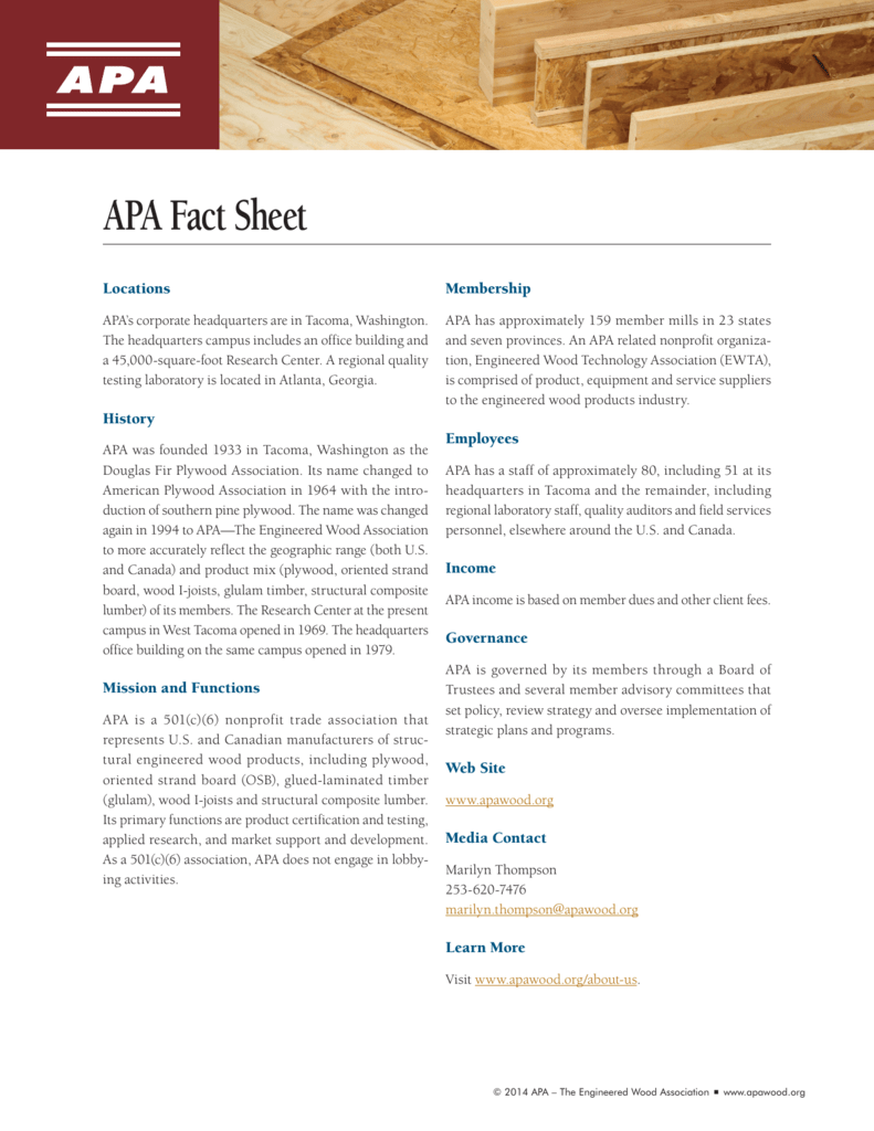 APA Fact Sheet APA The Engineered Wood Association