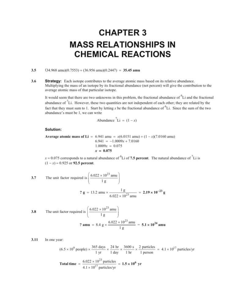 CHAPTER 3 MASS RELATIONSHIPS IN CHEMICAL REACTIONS CHAPTER 3 MASS RELATIONSHIPS IN CHEMICAL REACTIONS