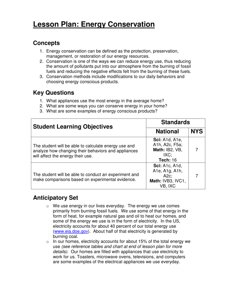Lesson Plan Energy Conservation Lesson Plan Energy Conservation
