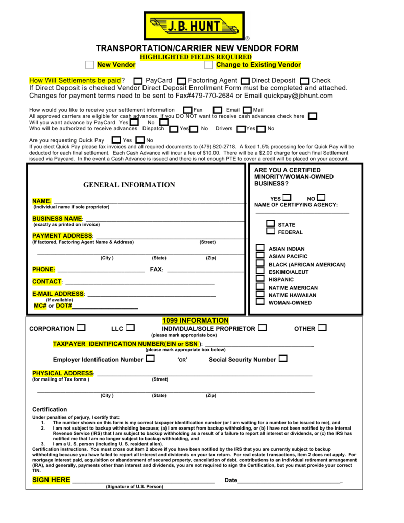 Transportation carrier New Vendor Form