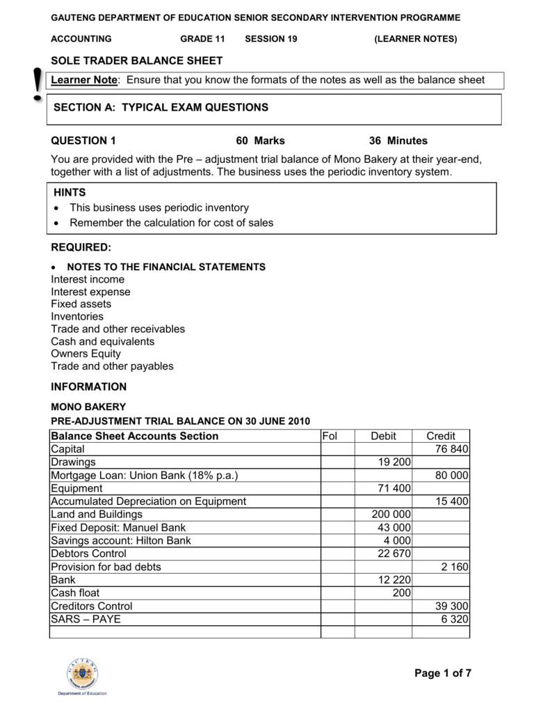 Page 1 Of 7 SOLE TRADER BALANCE SHEET Learner Note
