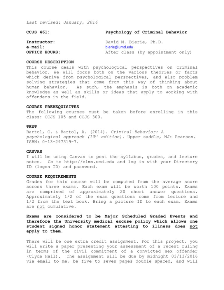 CCJS 300 Instructor: Dr - University of Maryland