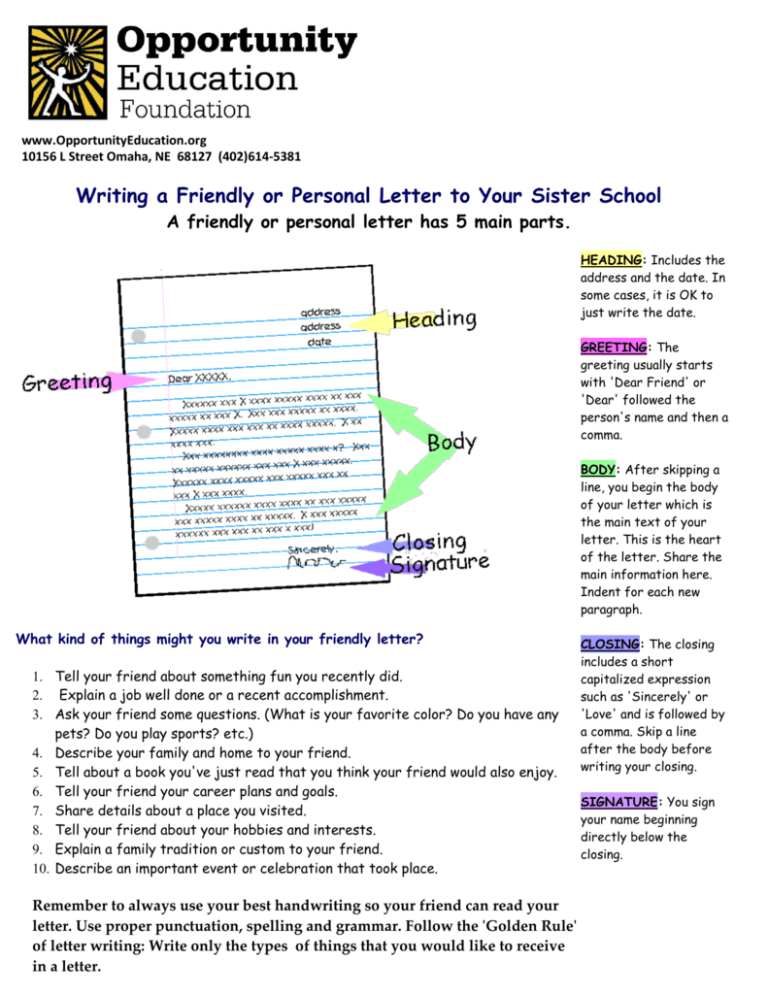 Writing A Friendly Or Personal Letter To Your Sister School