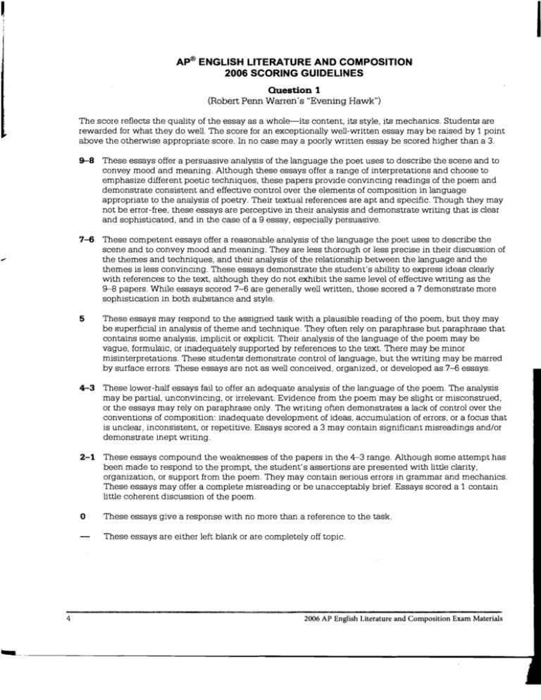 AP ENGLISH LITERATURE AND COMPOSITION 2006 SCORING AP ENGLISH LITERATURE AND COMPOSITION 2006 SCORING
