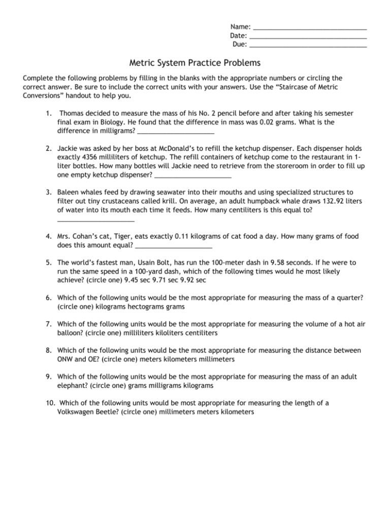 Metric System Practice Problems