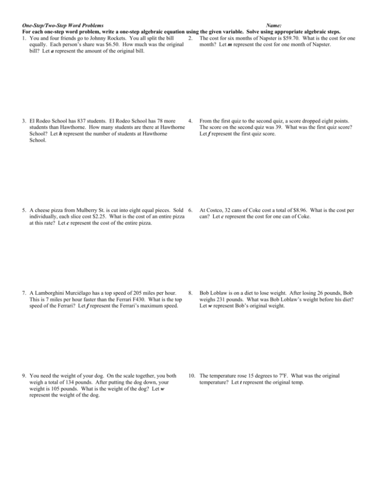 One Step Two Step Word Problems Name One Step Two Step Word Problems Name