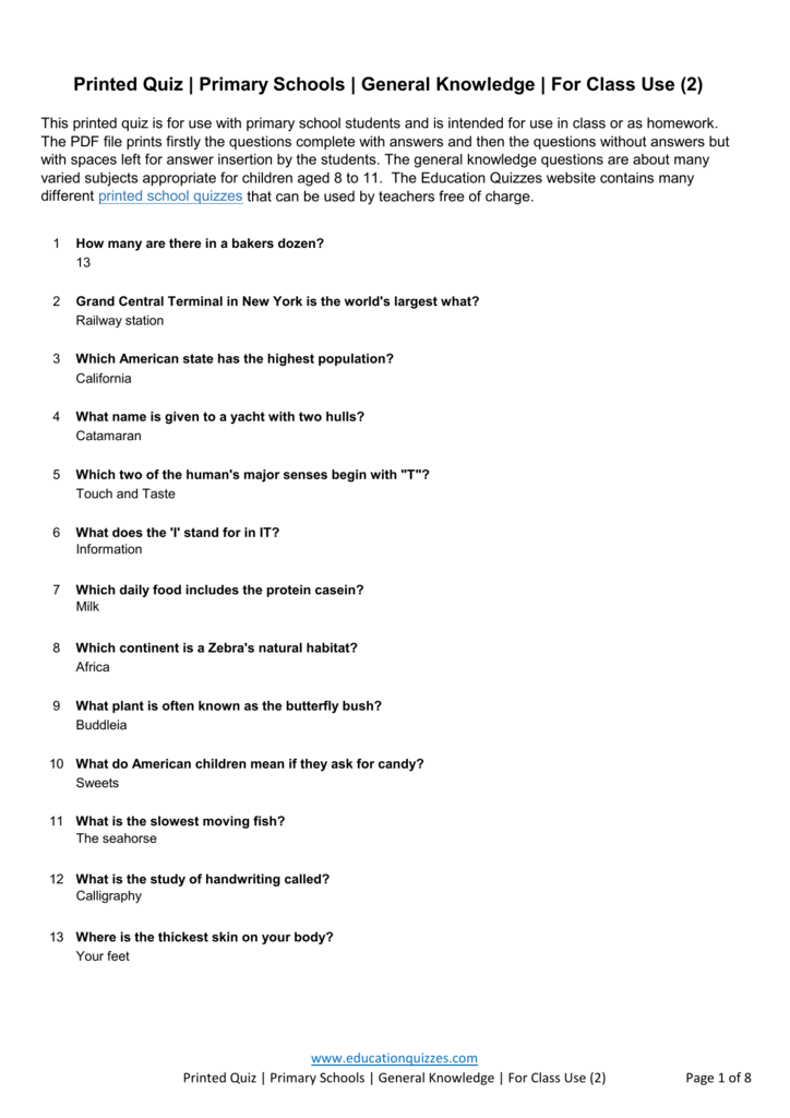 General Knowledge Quiz For Class 6 Knowledge