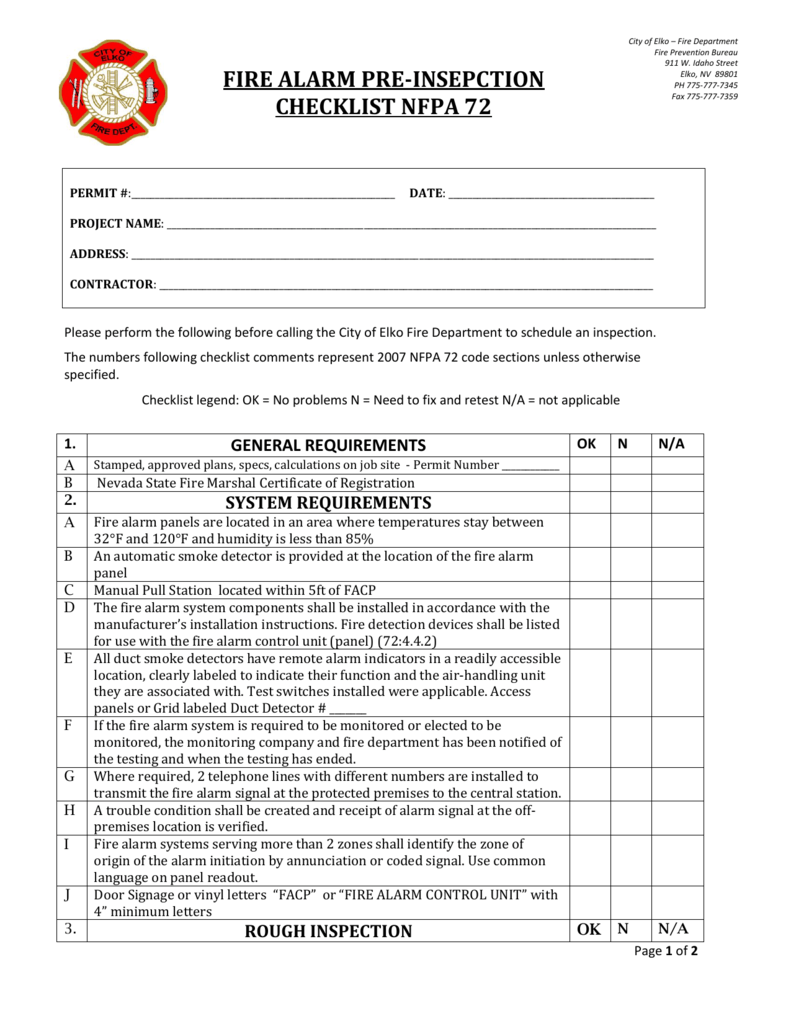Fire Alarm Pre insepction Checklist Nfpa 72