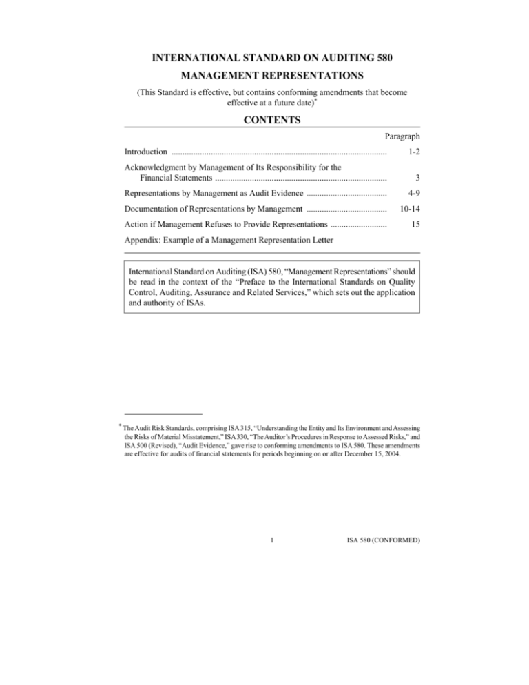 INTERNATIONAL STANDARD ON AUDITING 580 MANAGEMENT