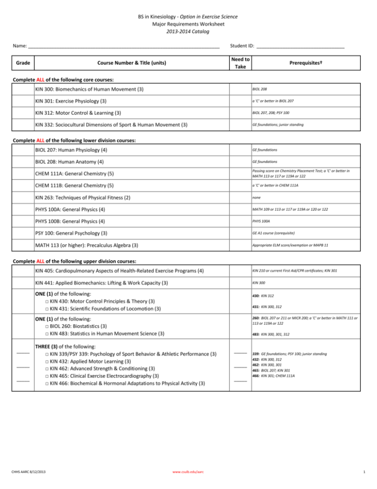 Option In Exercise Science Major Requirements Worksheet 2013 Option In Exercise Science Major Requirements Worksheet 2013
