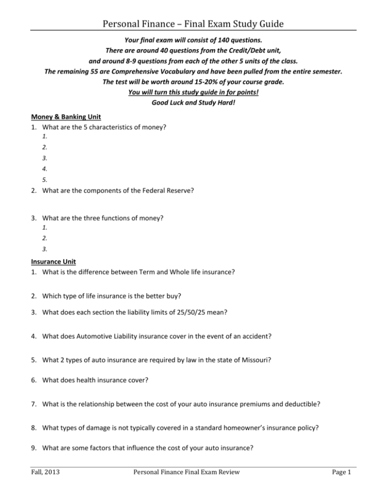 Personal Finance Final Exam Study Guide