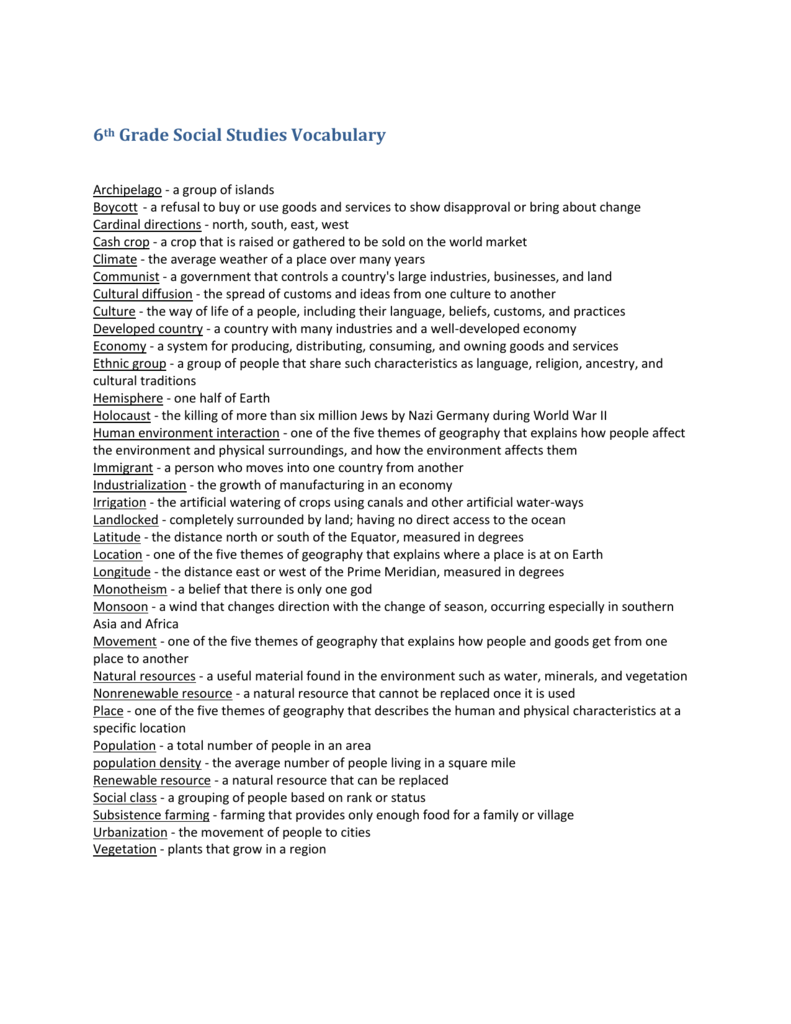 6th Grade Social Studies Vocabulary POLK FL