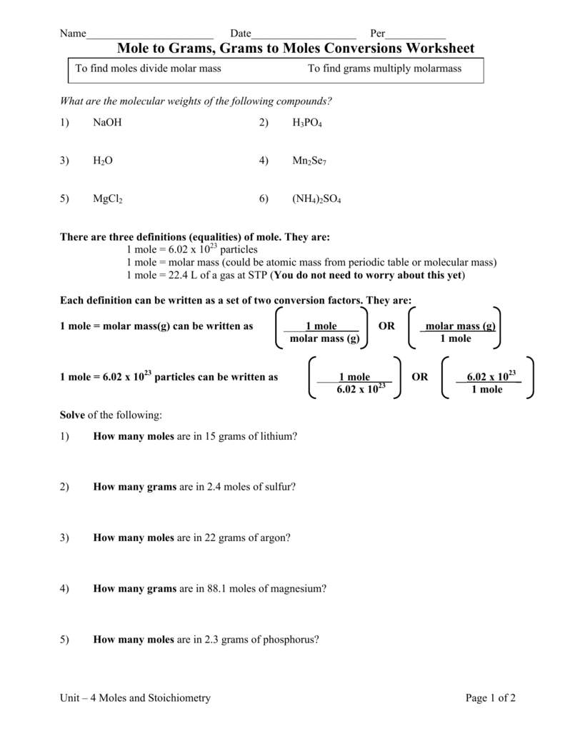 Mole Calculations Worksheet Mole Calculations Worksheet