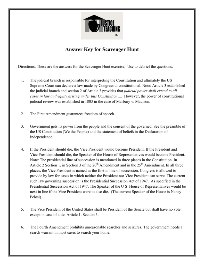 Answer Key For The US Constitution Scavenger Hunt
