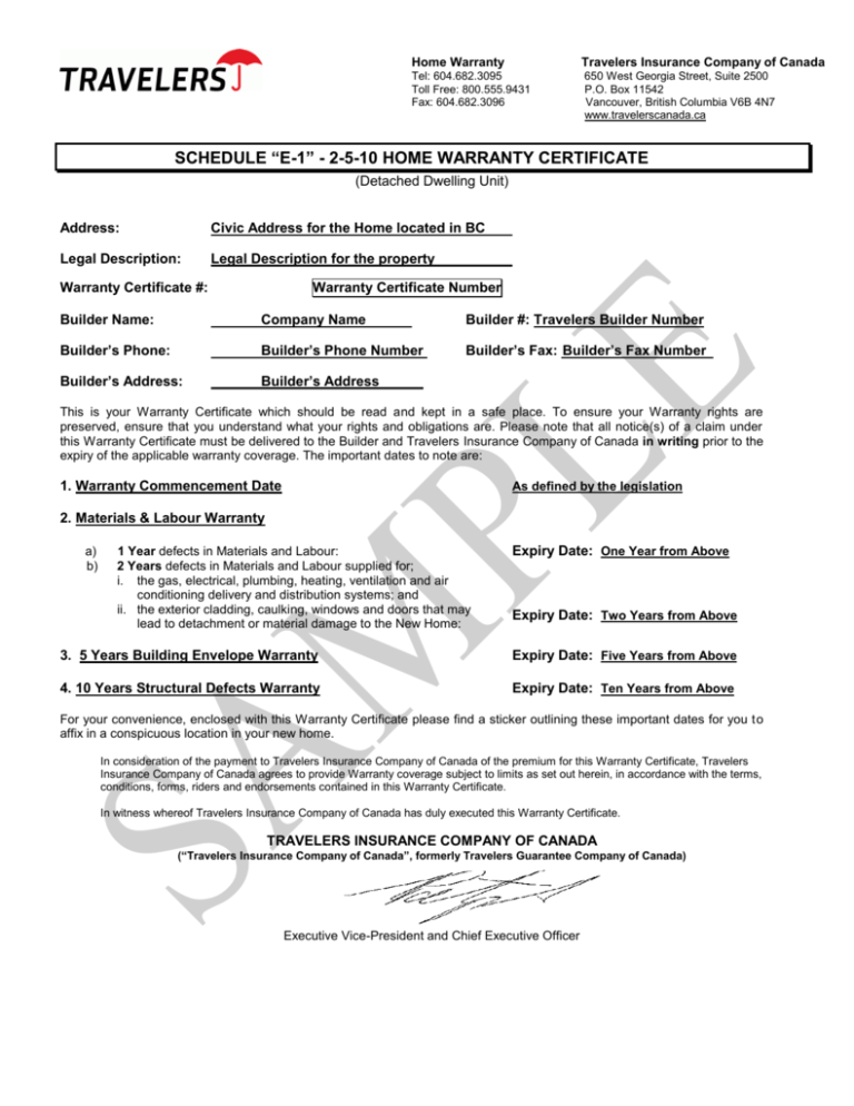 Schedule e 1 2 5 10 Home Warranty Certificate