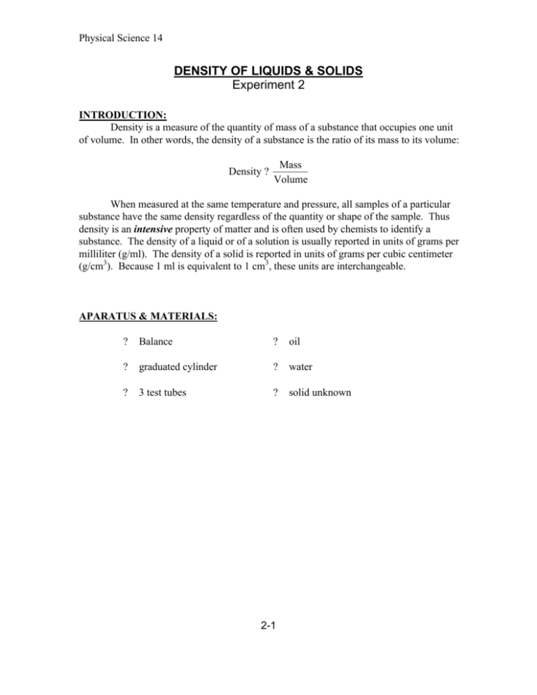 DENSITY OF LIQUIDS & SOLIDS Experiment 2