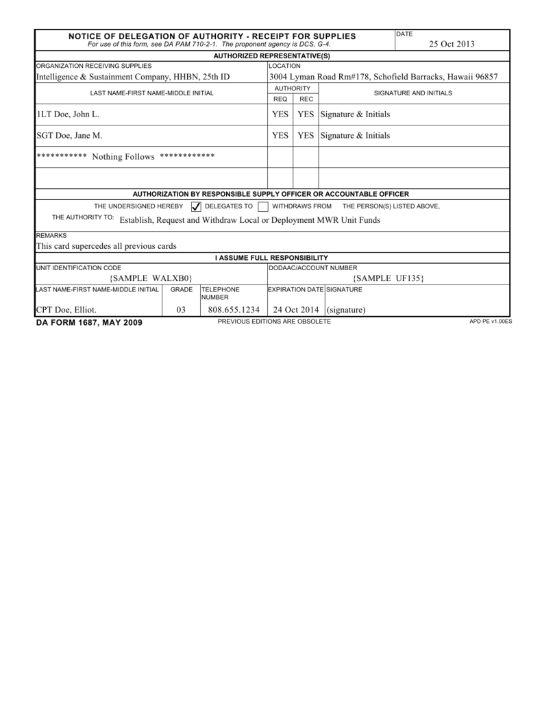 DA FORM 1687 MAY 2009