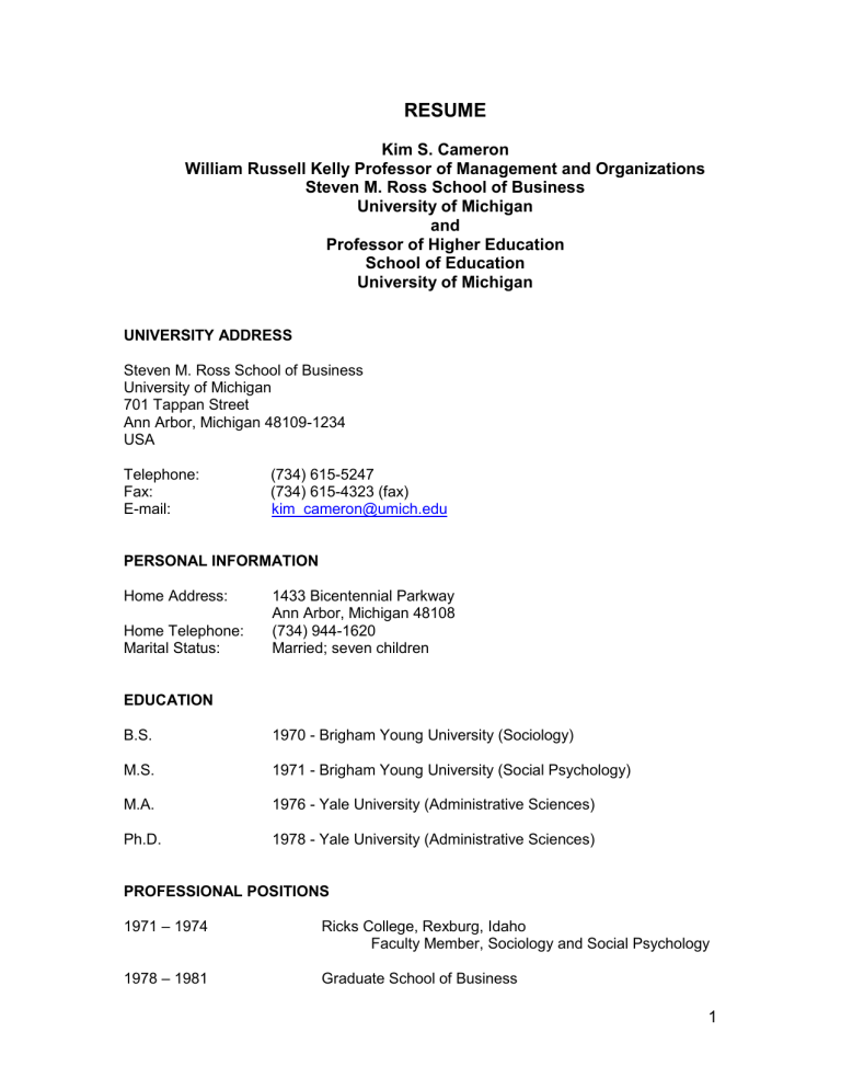 RESUME University Of Michigan s Ross School Of Business