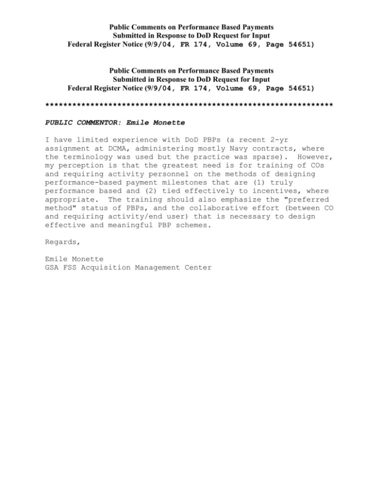 Public Comments on Performance Based Payments