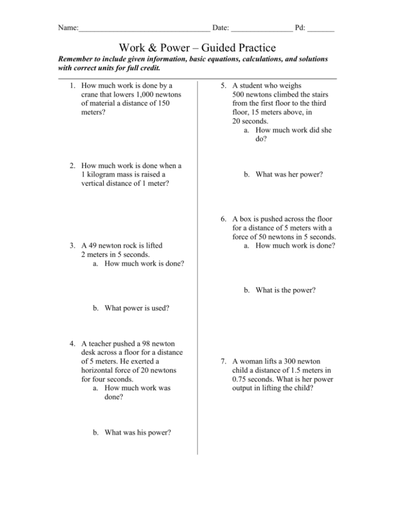 Work Power Worksheet