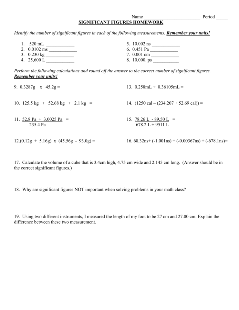 Significant Figures Worksheet