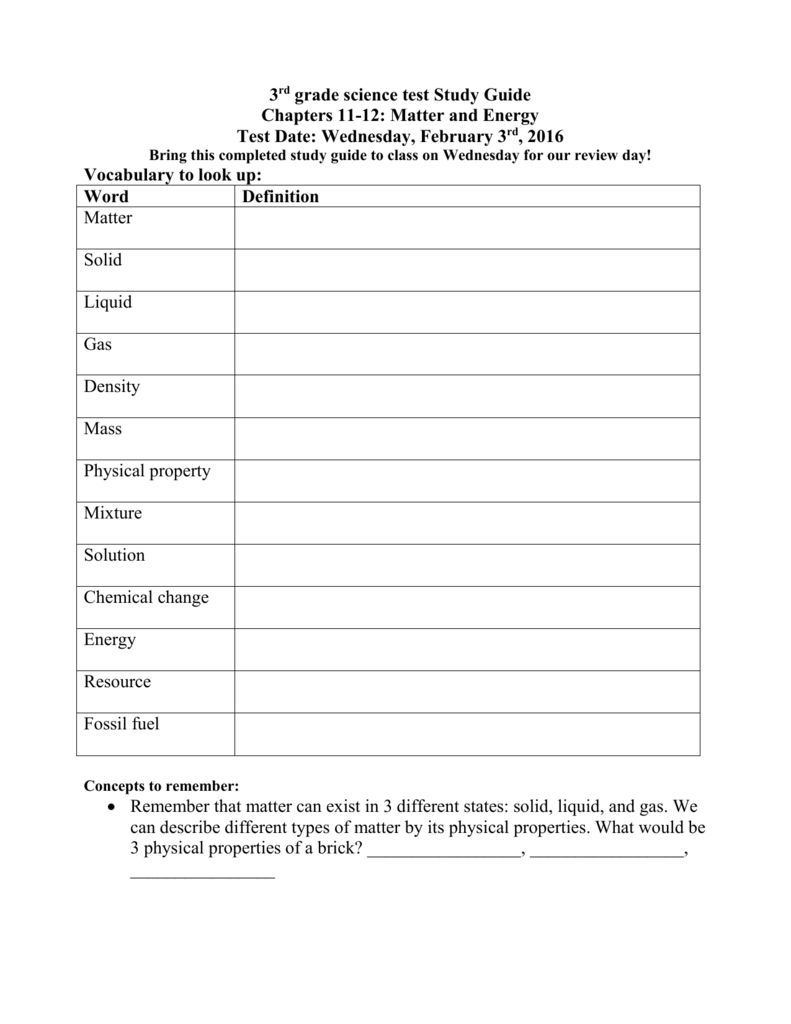 3rd Grade Science Test Study Guide