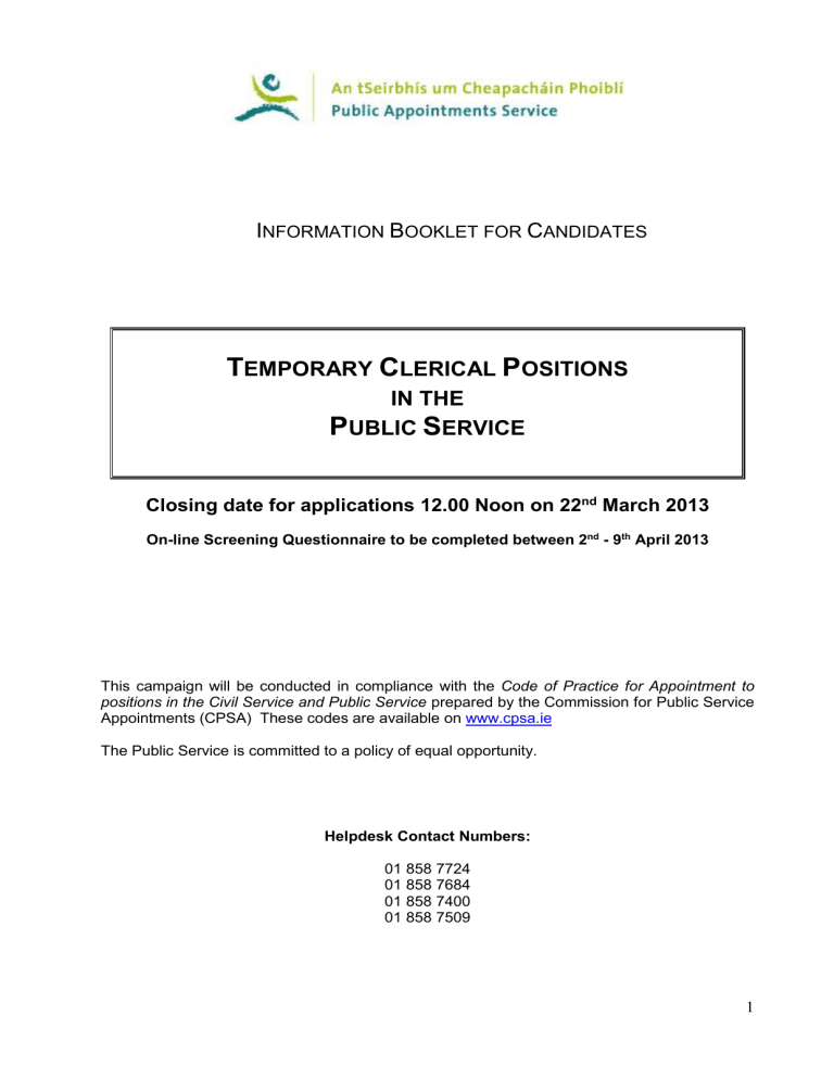 Temporary Clerical Officer Information Booklet Temporary Clerical Officer Information Booklet