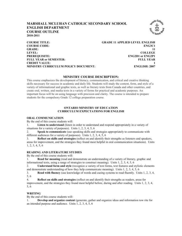 Grade 11 English Course Outline - Marshall McLuhan
