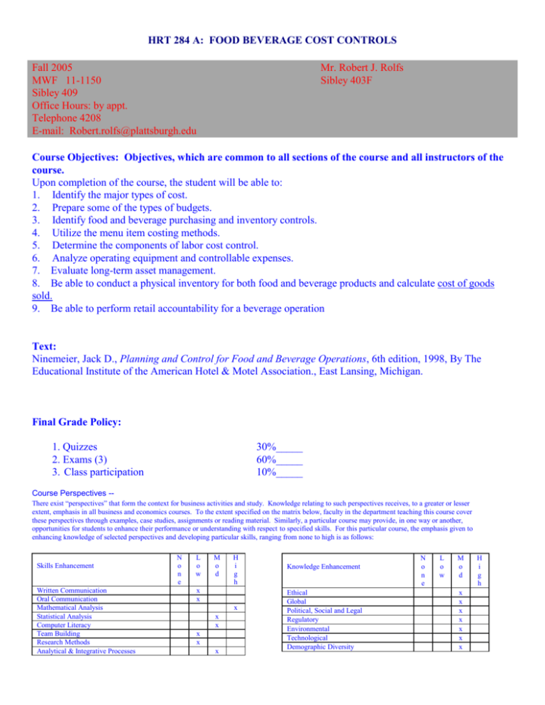 HRT 284 A FOOD BEVERAGE COST CONTROLS HRT 284 A FOOD BEVERAGE COST CONTROLS