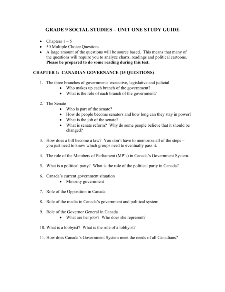 GRADE 9 SOCIAL STUDIES MIDTERM STUDY GUIDE