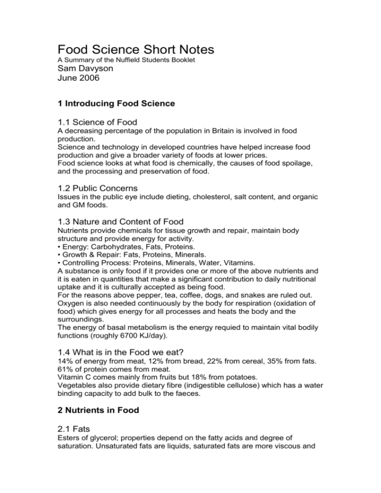 Food Science Short Notes