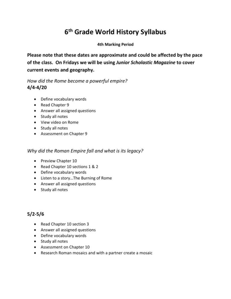 6th Grade World History Syllabus 