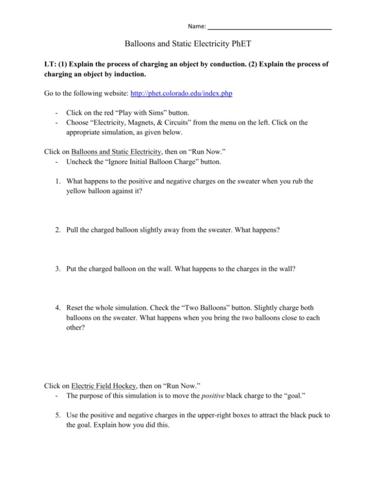 Static Electricity PhET Simulation Worksheet