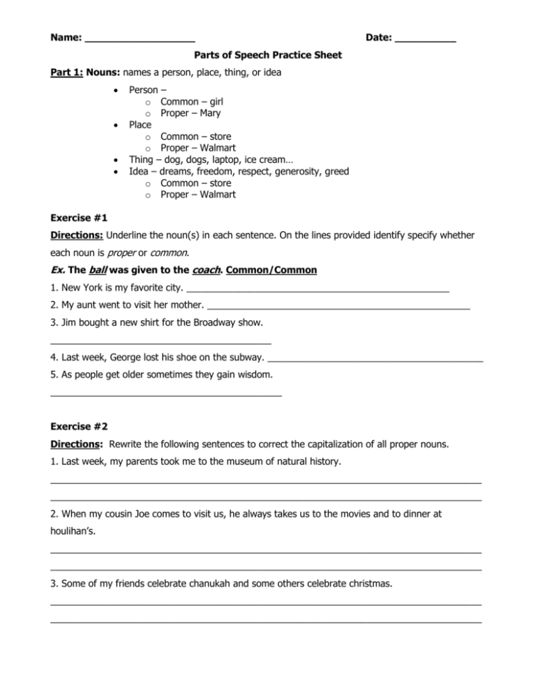 Parts Of Speech Exercises Practice