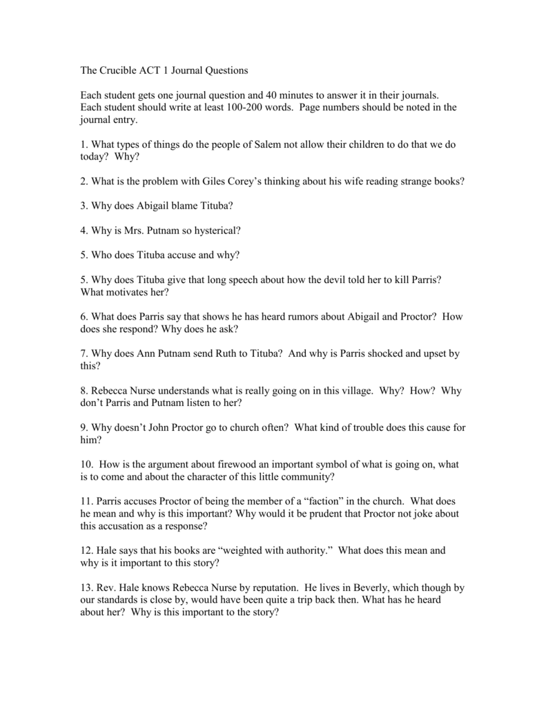 The Crucible ACT 1 Journal Questions The Crucible ACT 1 Journal Questions