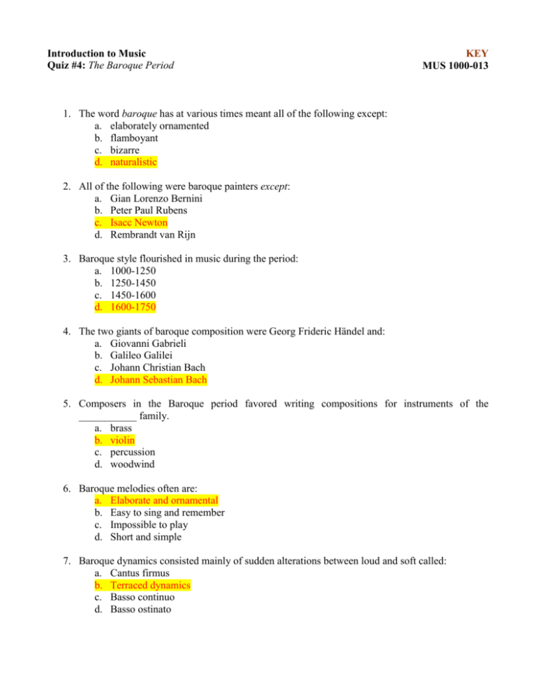 Baroque Quiz Key Baroque Quiz Key