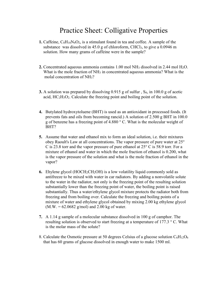 Colligative Properties Practice Sheet - Chemistry Problems
