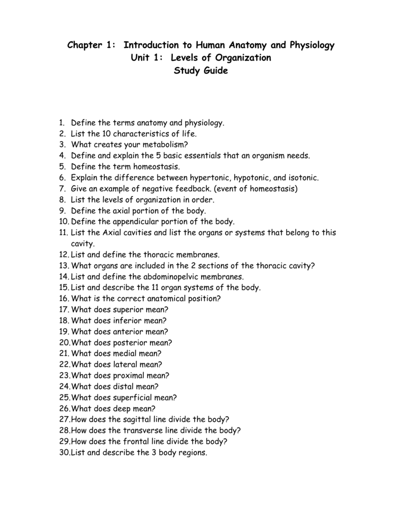 Chapter 1 Introduction To Human Anatomy And Physiology Study Guide 