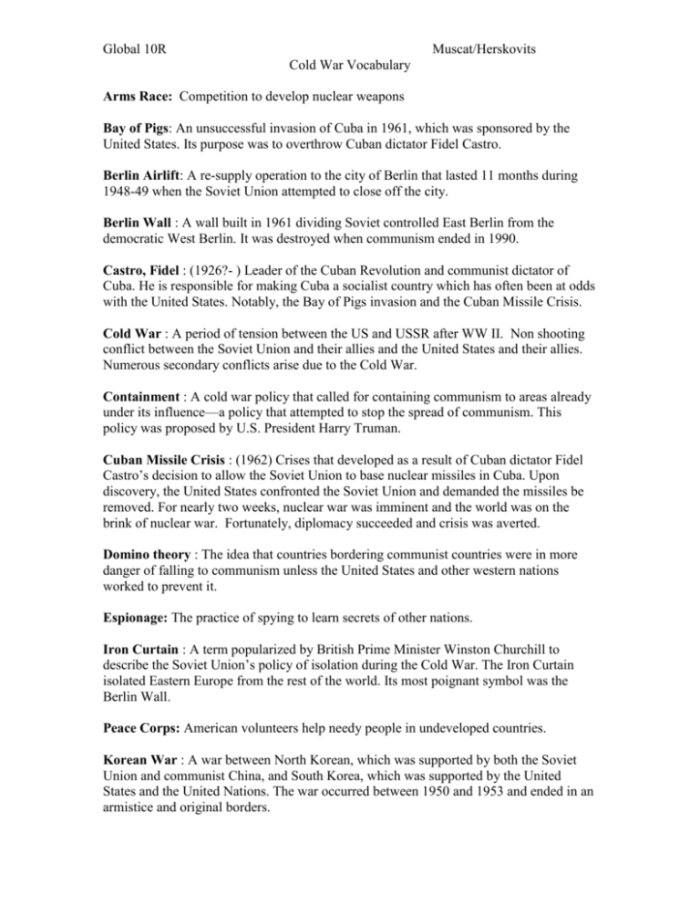 Cold War Vocabulary List Cold War Vocabulary List
